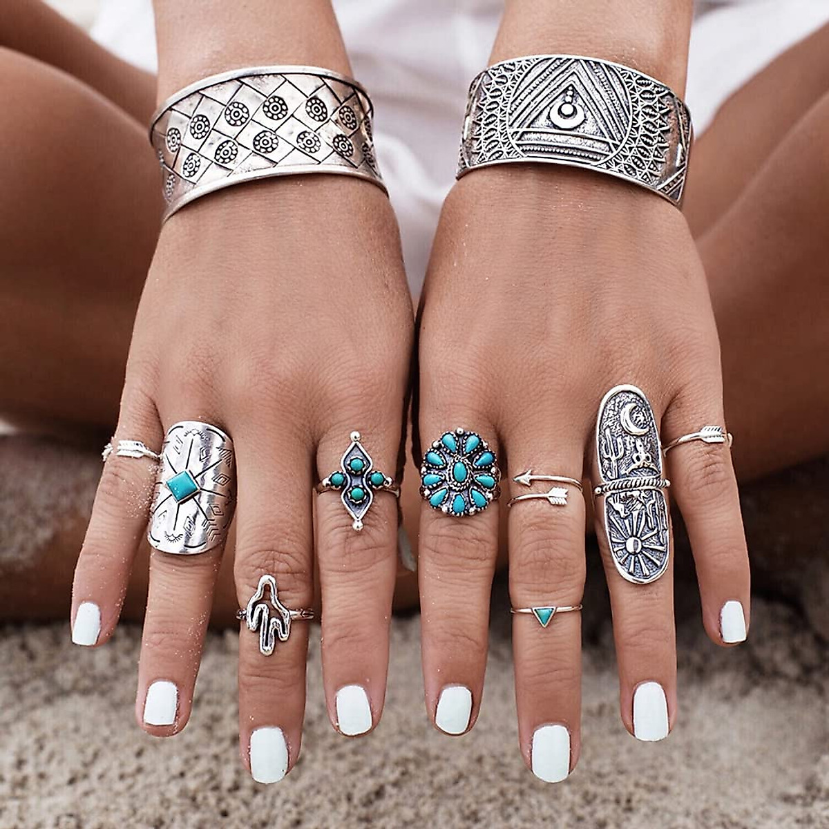 Octwine 9 Pcs Bohemian Knuckle Silver Rings Set Turquoise Finger Ring Flower Midi Vintage Rings Punk Leaf Index Ring for Women and Girls