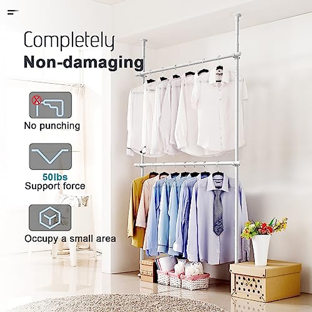 HOSKO Floor to Ceiling Clothes Rack, 2-Tier Adjustable Clothing Rack, Heavy Duty Free-Standing Garment Racks for Hanging Clothes, Tension Rod Garment Rack Closet Organizer System, White