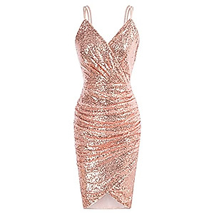 GRACE KARIN Surplice V-Neck Sequin Party Dress for Women Sexy Elegant Rose Gold XXL