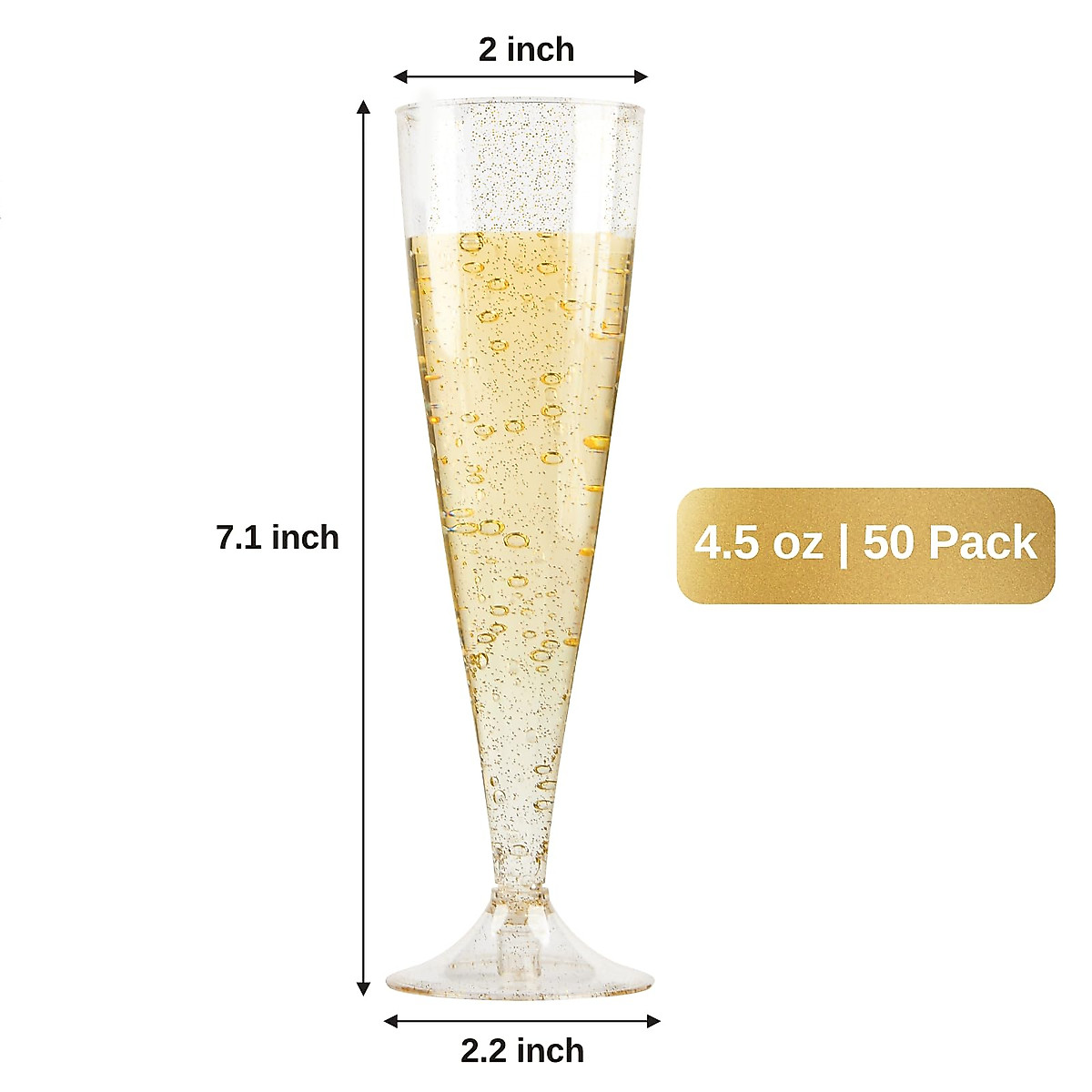 Qeirudu 50 Pack Plastic Champagne Flutes, 4.5 oz Gold Glitter Champagne Glasses Disposable Toasting Glass for Party Wedding Baby Shower Mimosa Bar Supplies
