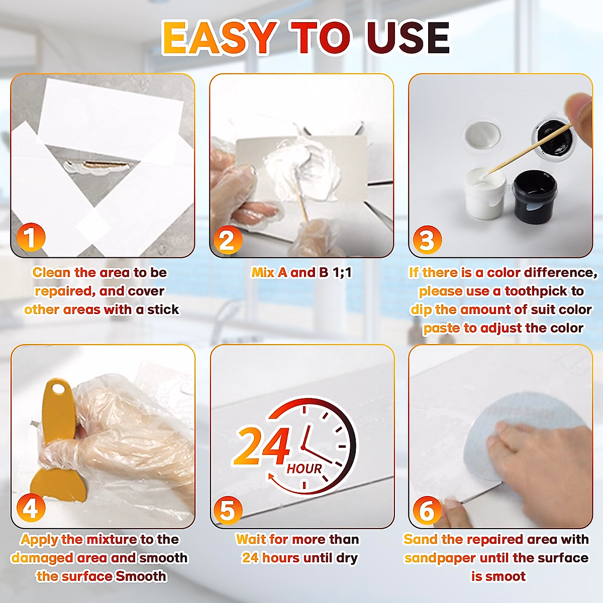 Porcelain Repair Kit, Fiberglass Tub and Tile Repair Kit Quick Repair Bathtub, Ceramic, Toilet, Tray, Resin, Marble Shower Sink, Acrylic Quartz, Super Adhesion to Fix Cracks Chips and Dents (White)