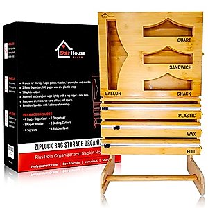 Star House 8 in 1 Ziplock Bag Storage Organizer for Kitchen Drawer, with wax, foil and plastic wrap Dispenser and Napkin holder. Compatible with Gallon, Quart, Sandwich and Snack Variety Size Bag
