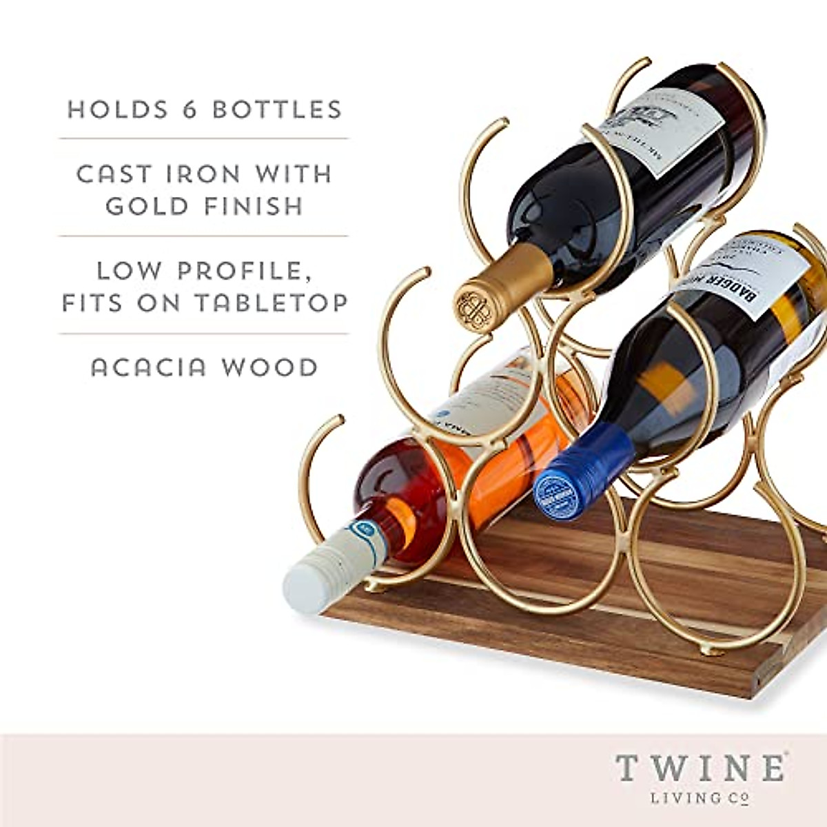 Twine Pyramid Rack, Holds 6 Standard Wine Bottles, Wood Base, Gold, Set of 1,10546