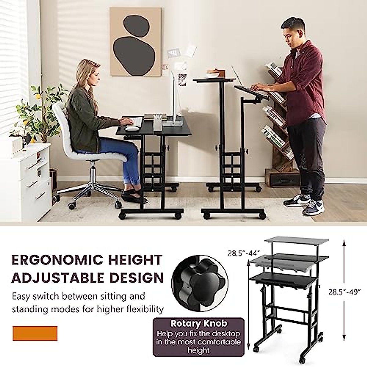 Tangkula Mobile Standing Desk Stand Up Desk, Height Adjustable Computer Desk with Standing & Seating 2 Modes, Tilting Tabletop & Flexible Wheels, Rolling Laptop Cart Sit Stand Desk