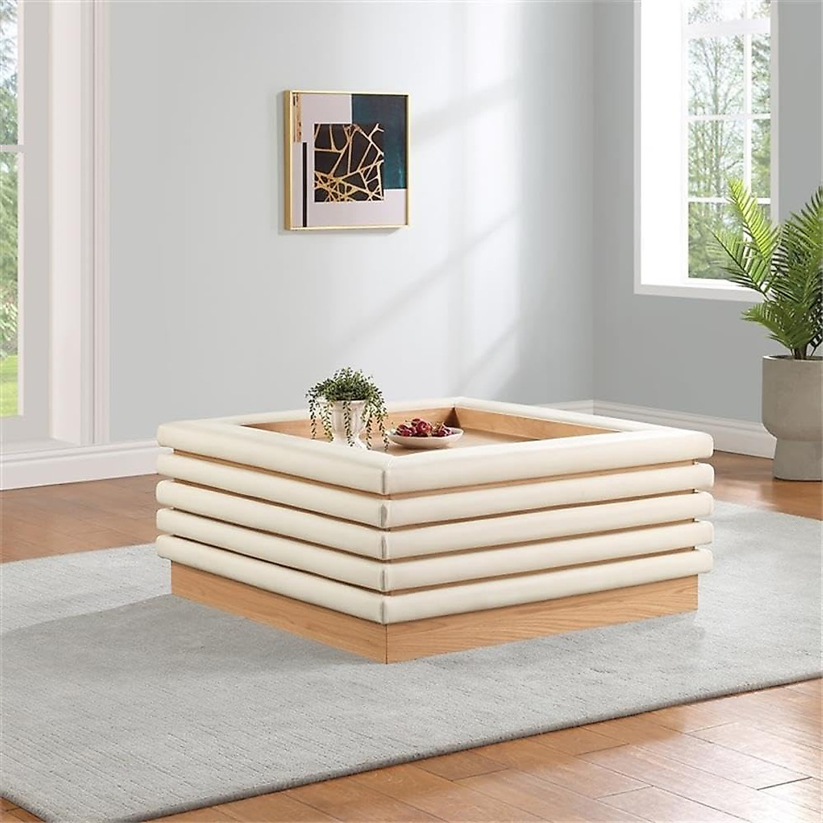 Meridian Furniture 210Cream-CT Rory Collection Modern | Contemporary Upholstered Coffee Table, Soft Cream Vegan Leather, Natural Finish Oak Veneer, Deep Channel Tufting, 39" W x 39" D x 16" H, Cream