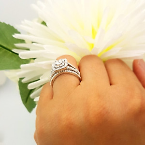 Dazzlingrock Collection 1.00 Carat (Cttw) 10K Round Diamond Split Shank Halo Engagement Ring Set 1 CT, White Gold, Size 7