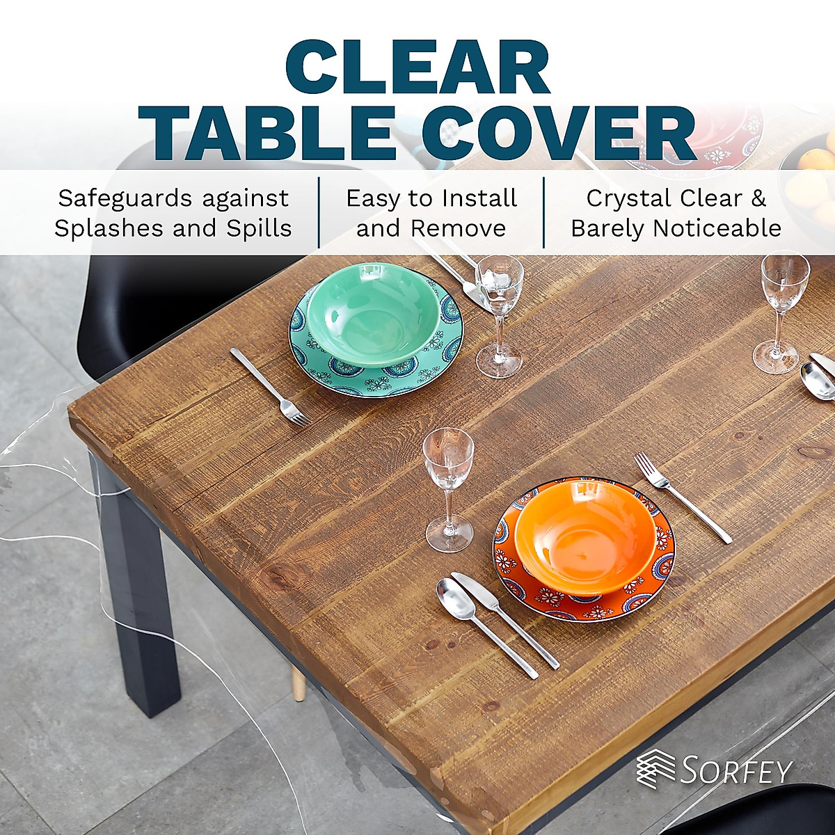 Sorfey Plastic Table cover - Clear Plastic Tablecloth Protector, with Edge, 54-Inch by 54 inch, Square, Waterproof & Oilproof