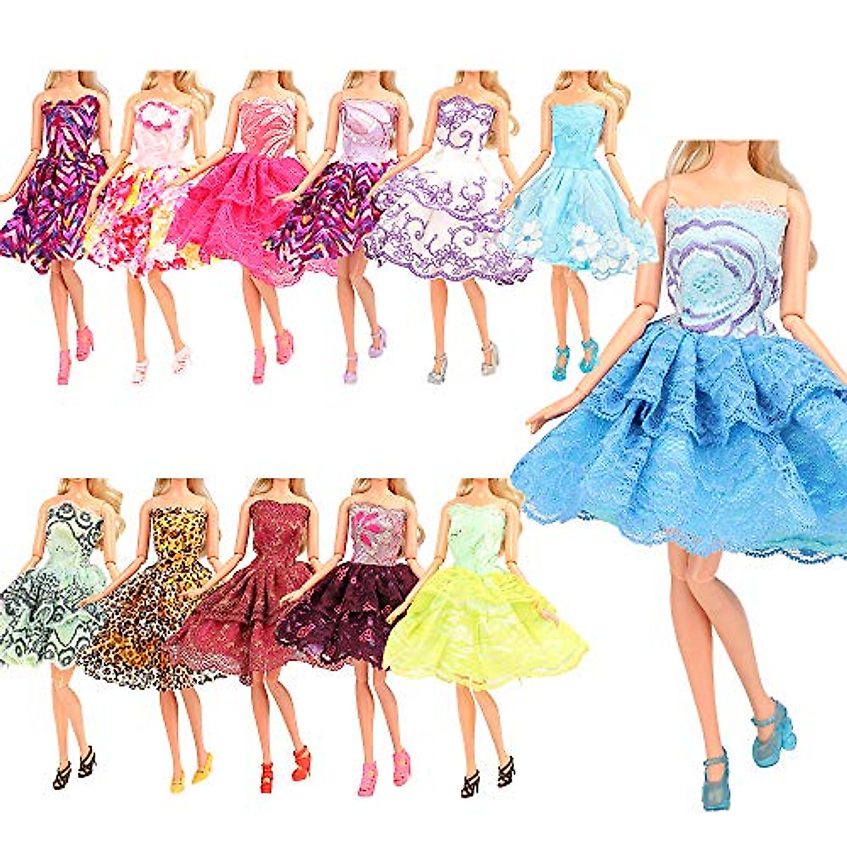 BARWA 5 PCS Fashion Mini Short Party Dresses Clothes and Accessories 5 Shoes 5 Hanger for 11.5 Inch Girl Doll