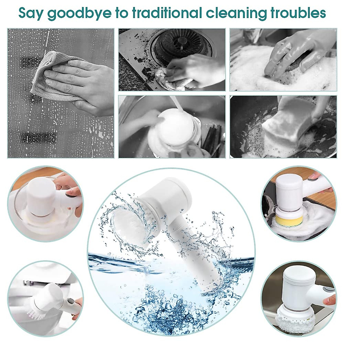 Household Electric Spin Scrubber Cordless Electric Cleaning Brush, Power Spinning Scrub Brush,Handheld Shower Cleaner Brush with 5 Replaceable Brush Heads for Kitchen/Bathroom/Wall