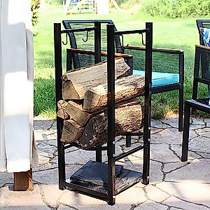 Sunnydaze Firewood Log Rack with Tool Holder Hooks - Indoor/Outdoor Durable Powder-Coated Steel Space-Saving Design - Black