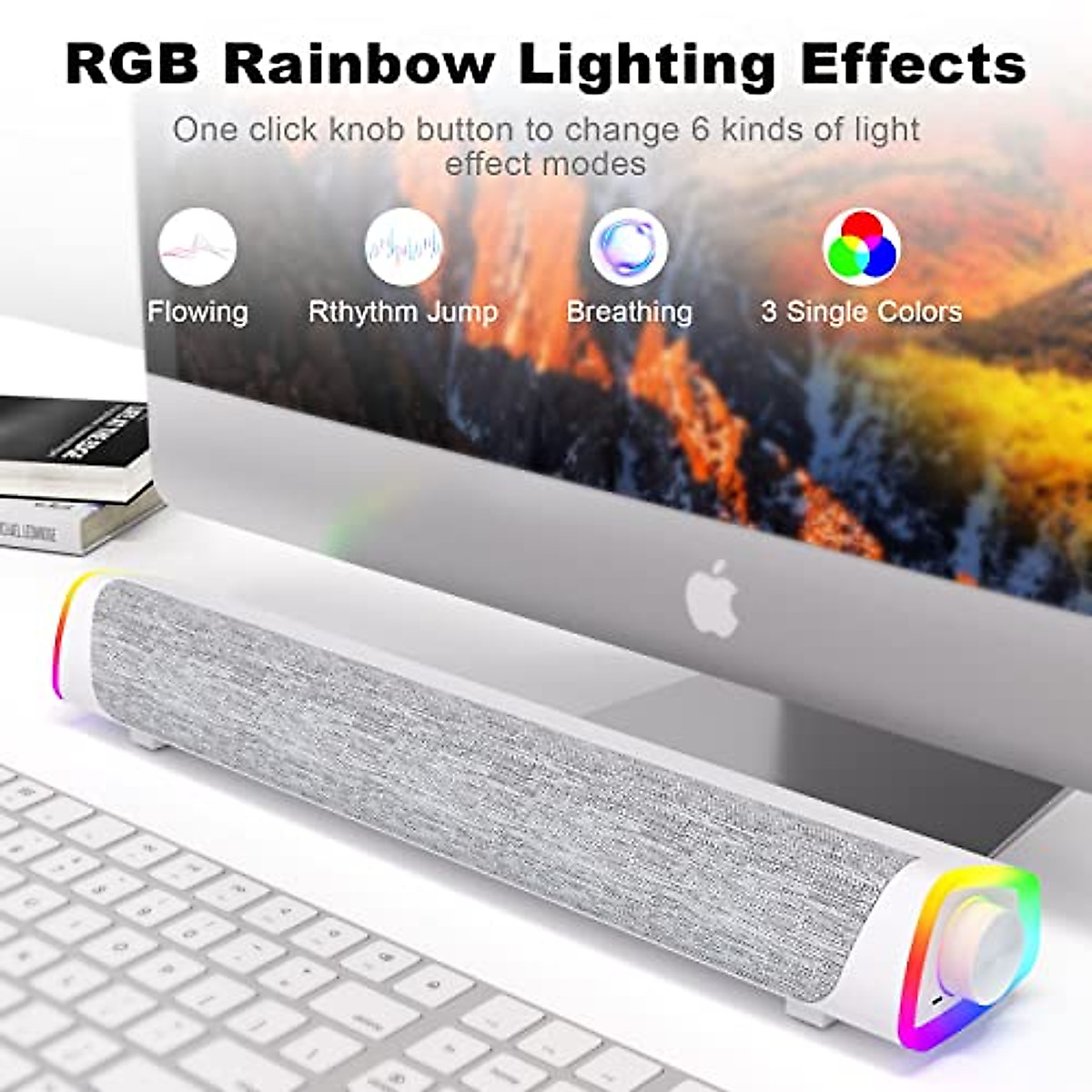 SOULION R30 Plus Bluetooth Computer Speakers for PC Desktop, 6 Modes LED Lights with All-in-one Control Button, Wired USB Powered Sound Bar, Surround Sound Portable SoundBar for Monitor Laptop Phone