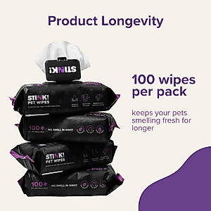 Stink! Plant Based Pet Wipes - Biodegradable - Dirt and Odor Control - Grooming Wipes for Easy Cleaning on Paws Body and Bum - Lavender Scented - 8" x 8" - 400 Count - Extra Thick Paw Wipes for Pets