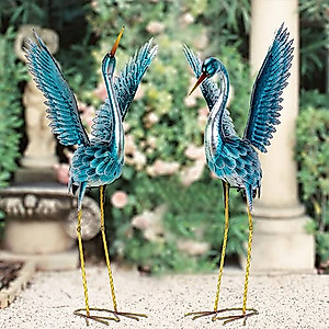 Natelf Garden Crane Statues for Outdoor, Blue Heron Decoy Garden Sculptures, Standing Metal Bird Yard Art for Patio Pond Backyard Decor(Set of 2)