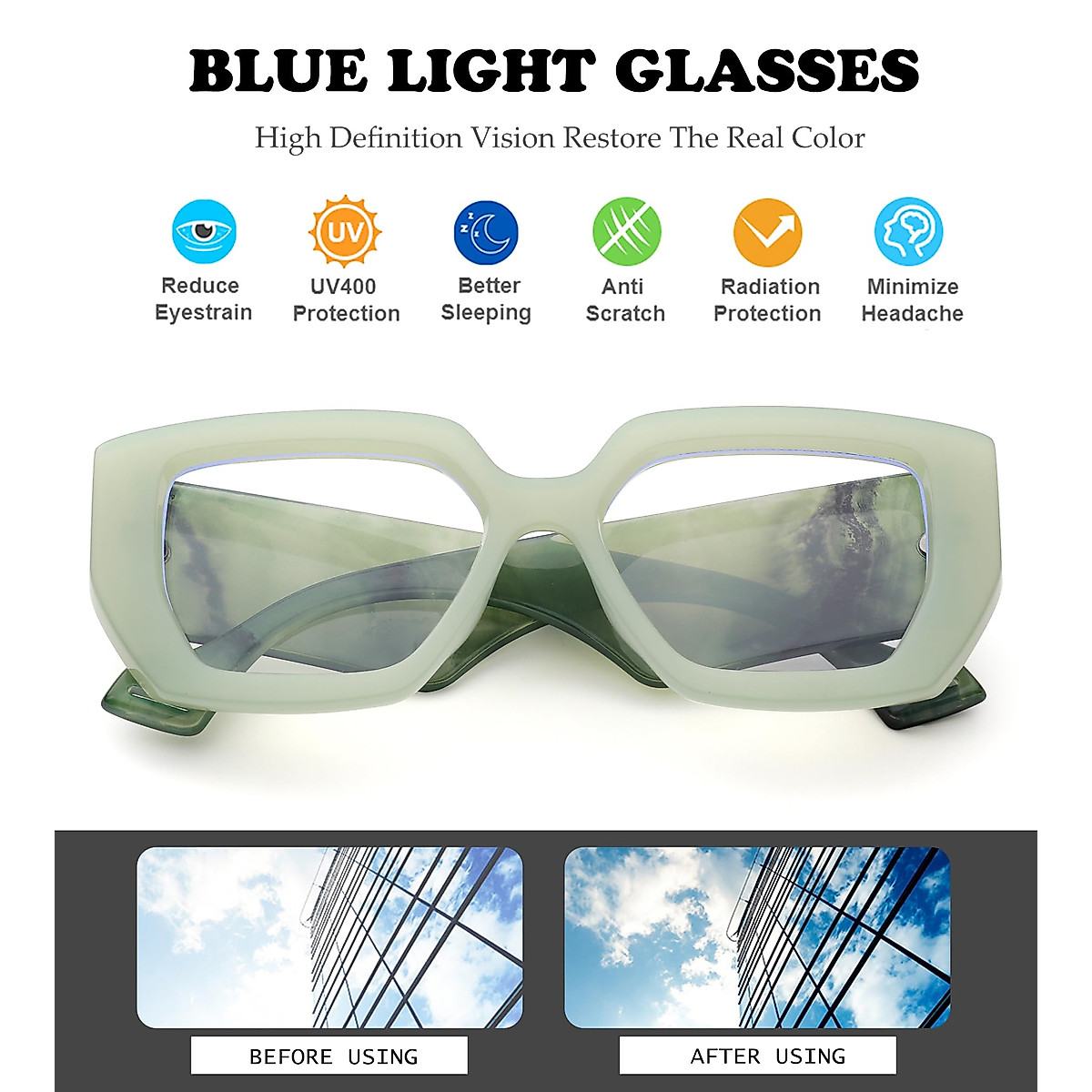 NULOOQ Blue Light Glasses for Women – Fashion Thick Frame Square Oversized Computer Eyeglasses (Light Green/Green)