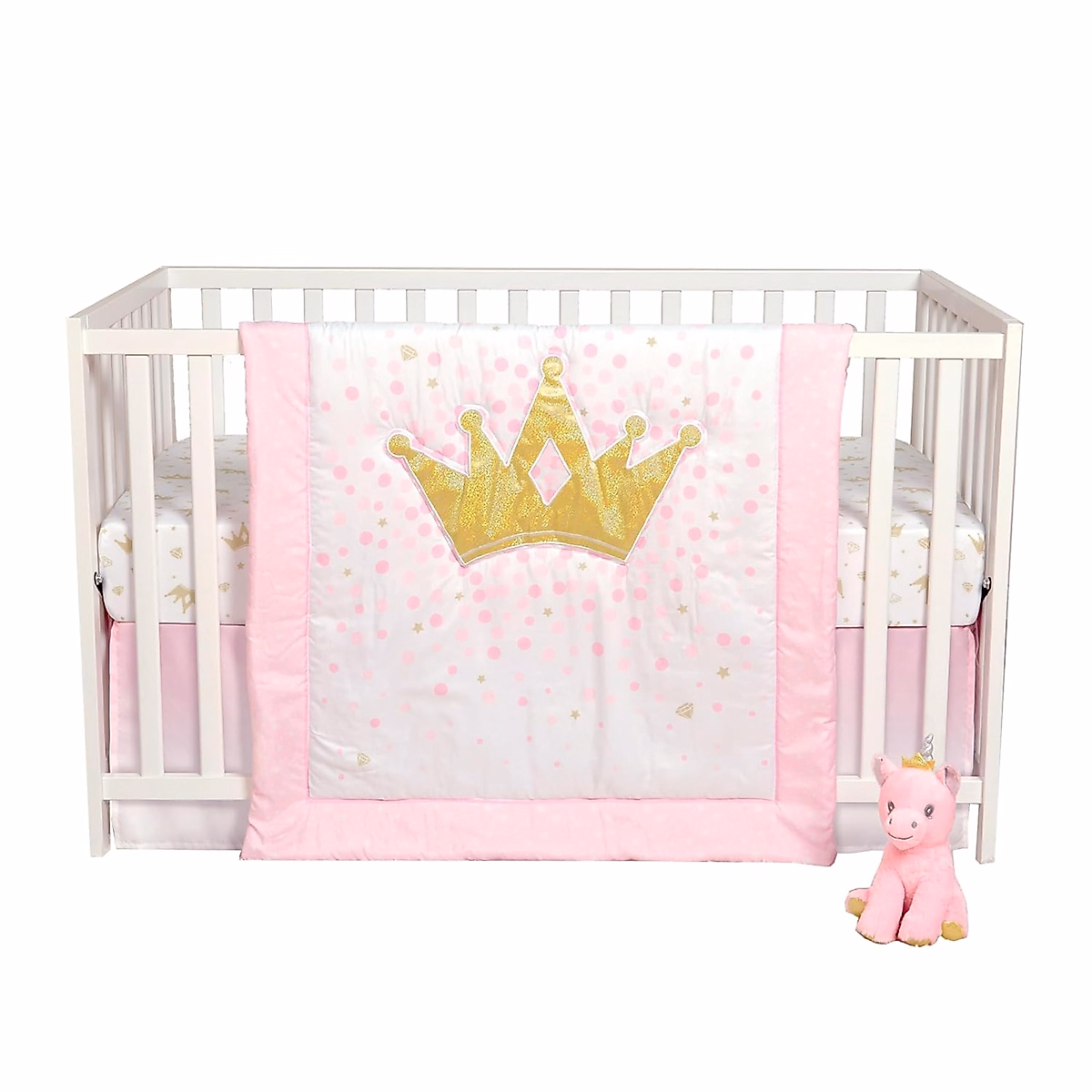 Sammy & Lou Tiara Princess 4-Piece Baby Nursery Crib Bedding Set for Girls, Includes Quilt, Fitted Crib Sheet, Crib Skirt, and Plush Toy