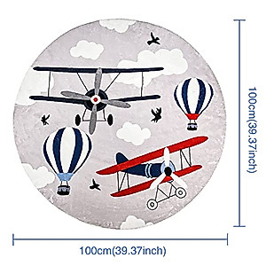 Round Rug 3.3ft, Large Cute Super Soft Aircraft Hot Air Balloon Carpet for Kids Room Playroom Nursery Bedroom Living Room, Non Slip Washable Circular Floor Mat Area Rug for Home Decorative (Grey)