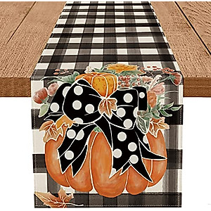 Fall Table Runner Bow Pumpkin Polka Dots Floral Autumn Thanksgiving Buffalo Plaid Seasonal Home Kitchen Dining Decorations 13 x 72 Inch