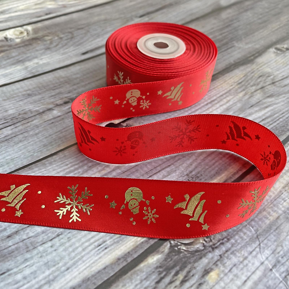CUISANHOUSE 25Y Christmas Ribbon Satin, 1 inch Wide Printed Ribbons with Golden Christmas Tree Snowman Snowflakes, Merry Christmas Ribbon for Kids Gift Packaging Wrapping Craft Decoration (Red)