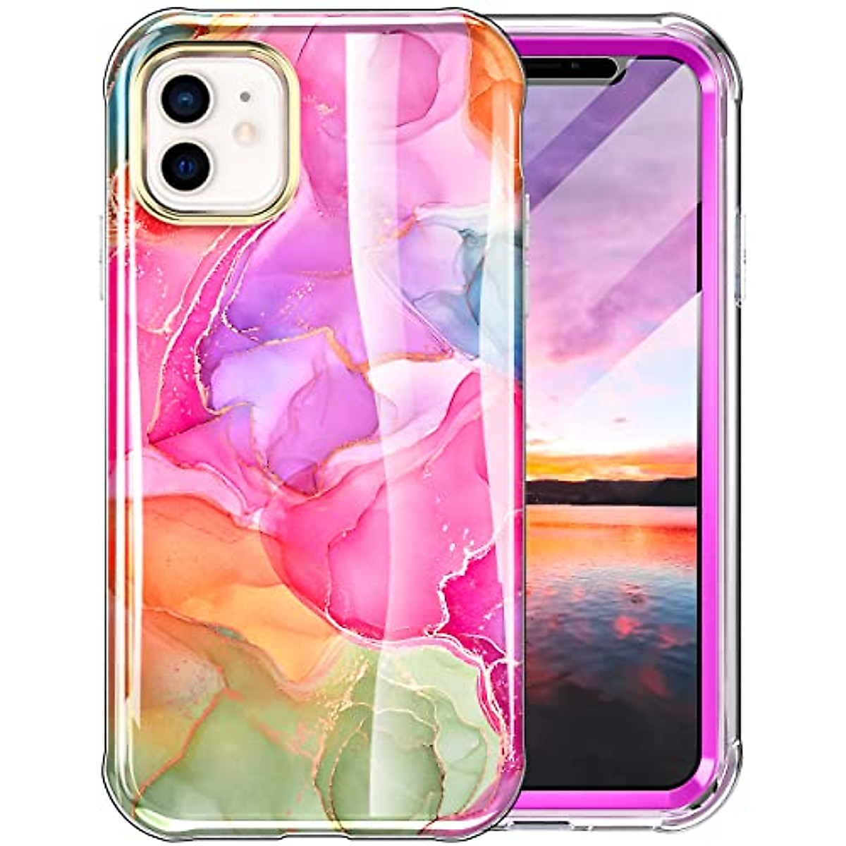 Hocase for iPhone 12 Case iPhone 12 Pro Case, (with Built-in Screen Protector) Cute Rugged Shockproof Slim Lightweight TPU Full Body Protective Case for iPhone 12/12 Pro (6.1") - Purple Meets Pink