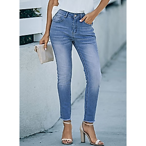 Sidefeel Women's Classic Skinny Frayed Ankle Denim Zimbaplatinum Stretch Straight Jeans Size 14 Blue