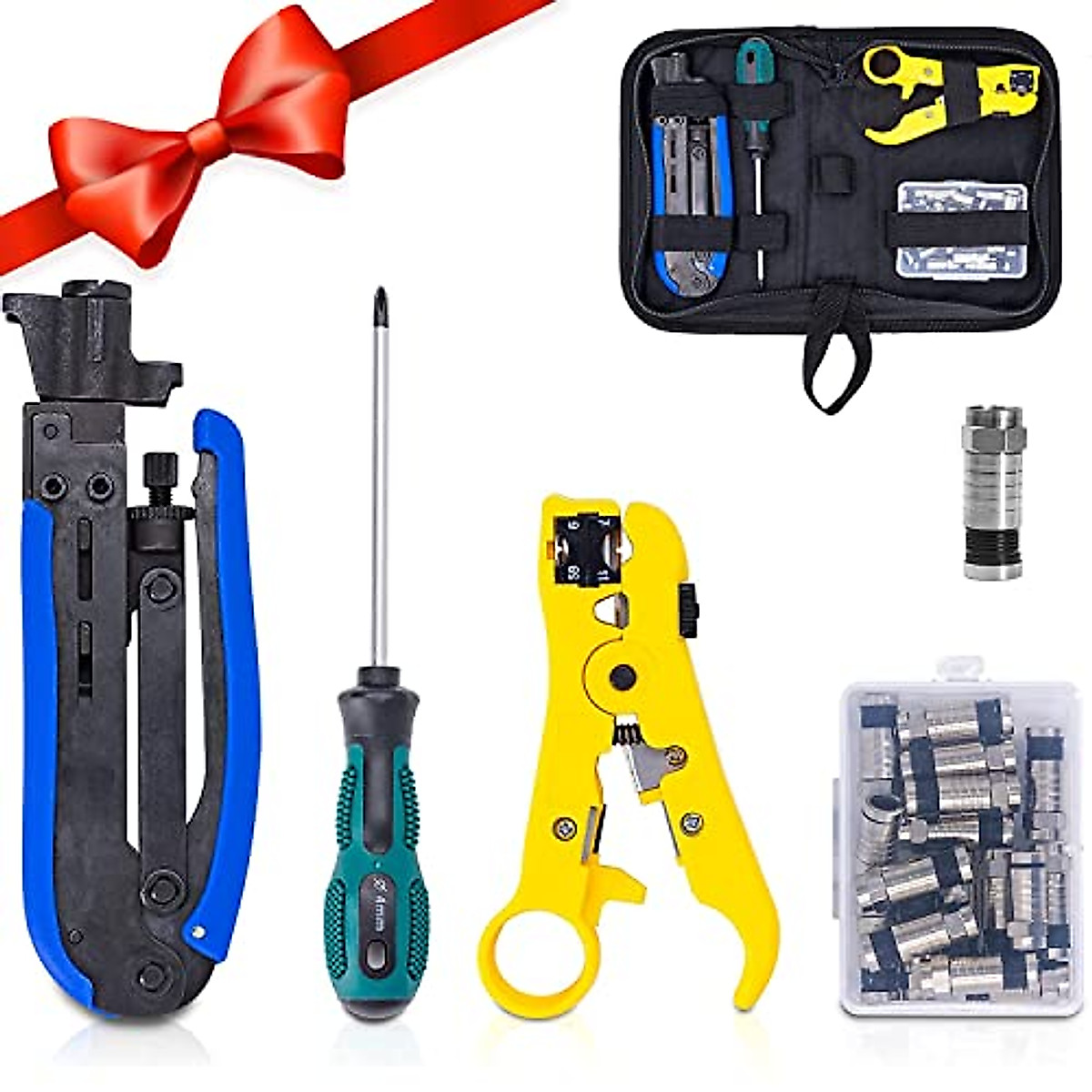 KOTTO Coax Cable Crimper Kit, Compression Tool Coax Adjustable RG6 RG59 RG11 75-5 75-7 Coaxial Cable Stripper with 20 PCS F Compression Connectors