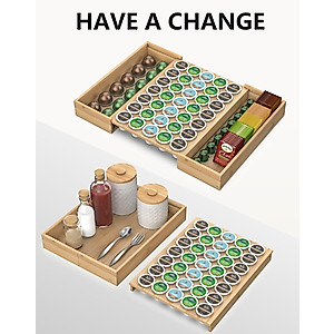WELL WENG Larger Expandable Bamboo Coffee Pod Holder for Counter Drawer - Compatible with K-Cup Pods - Tea Bags Storage (Natural)