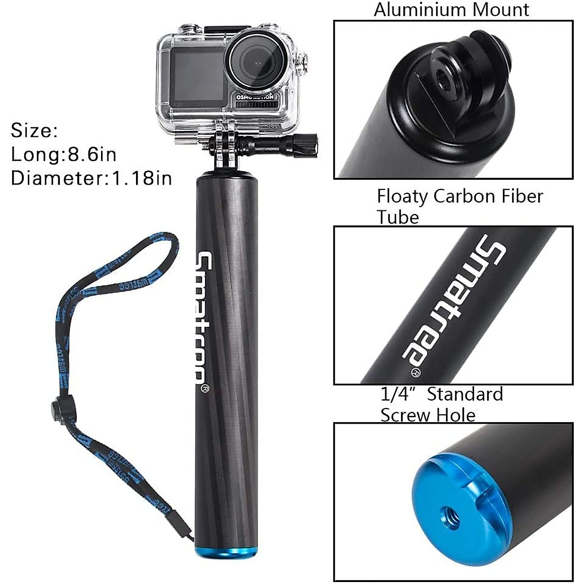 Smatree F1 Waterproof Floating Carbon Fiber Hand Grip Compatible for Gopro Max/ GoPro Hero 11/10/9/8/7/6/5/4/3/2/1/Session/GoPro Hero 2018/DJI Osmo Action 4/3