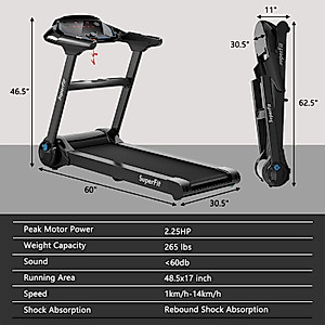GYMAX Folding Treadmill, 2.25HP Electric Motorized Running Machine with Smart App Control, LED Touch Monitor, Heart Rate Sensor, Home Gym Cardio Training Equipment