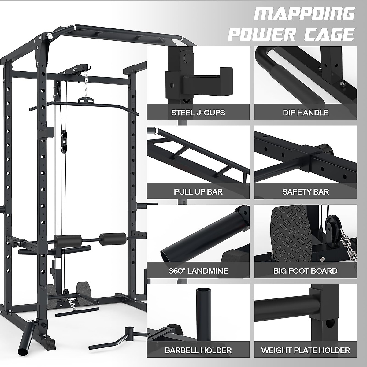 Mappding 1500 LBS Power Cage, Squat Rack for Home Gym with LAT Pullup System with 3 Grip Variation, T Bar, Leg Hold-Down Attachment, Weight Cage with More Training Attachment for Garage Workout, Black