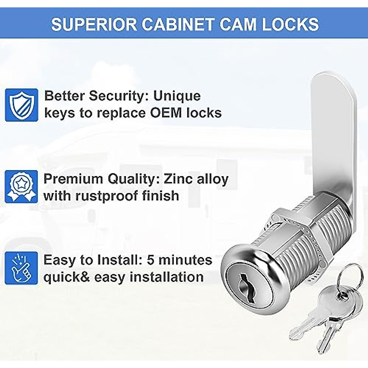 Cylinnda Cabinet Locks with Keys, 1-1/8" Cam Locks Keyed Alike, Quality Cabinet Cam Lock for RV Storage Locks Drawers Mailbox Toolbox Lock Replacement Set, Zinc Alloy (20 Pack, 1-1/8 Inch)