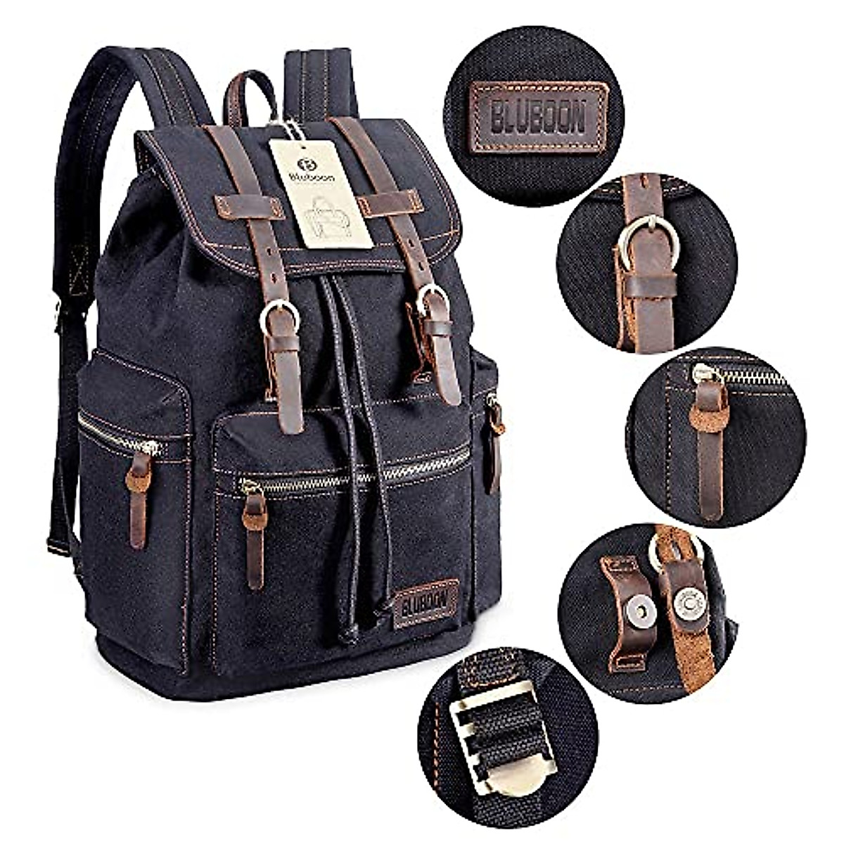 Bluboon Canvas Vintage Backpack Leather Casual Bookbag Men Rucksack (Black)