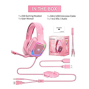 ZIUMIER Z30 Pink Gaming Headset for PS4, PS5, Xbox One, PC, Wired Over-Ear Headphone with Noise Canceling Microphone, LED Flowing RGB Light, 7.1 Surround Sound,Comfortable Earmuffs