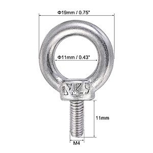 uxcell Lifting Eye Bolt M4 x 11mm Male Thread with Hex Screw Nut Gasket Flat Washer for Hanging Securing Chain Wire Rope, 304 Stainless Steel, 6 Sets