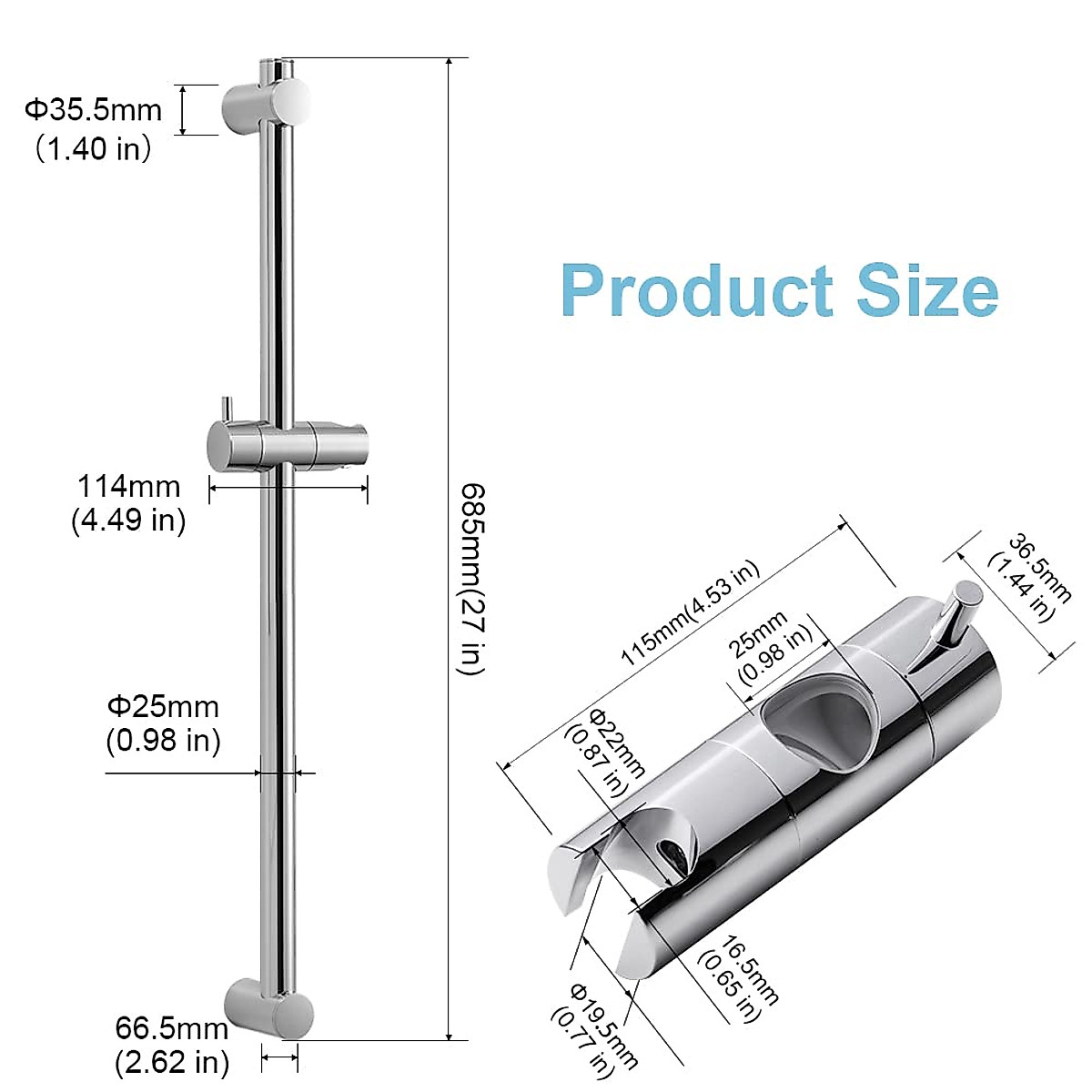 OFFO Shower Slide Bar 27 Inches Adjustable Installation Distance 15-26 Inches with 360° Adjustable Handheld Shower Head Holder for Bathroom, Screw Wall Mounted, Chrome Finish