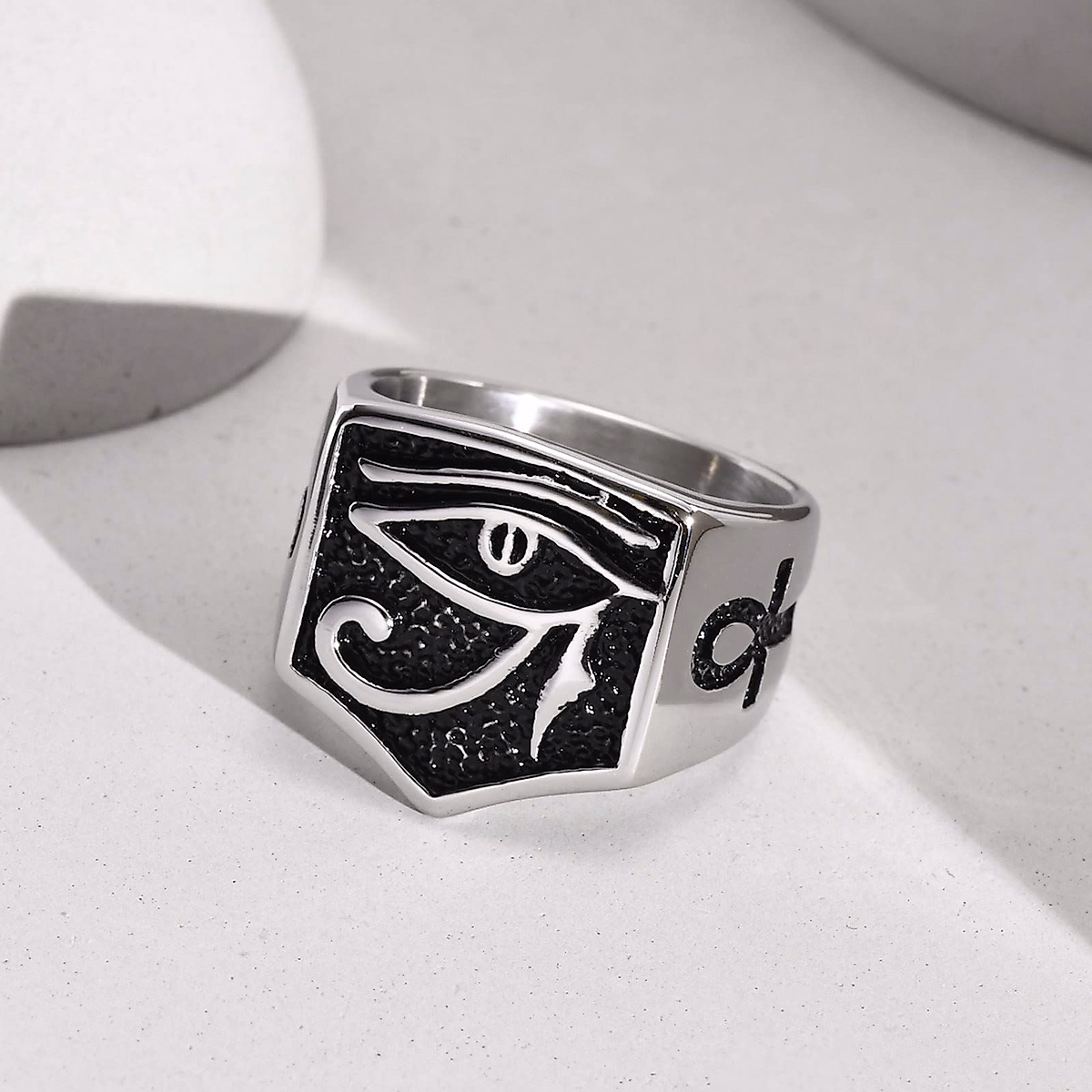 MPRAINBOW Egyptians Eyes of Horus Ring - Stainless Steel Ankh Cross Ring Size 8 to 12,Ancient Egyptians Symbol Wadjet Eye Ring Jewelry