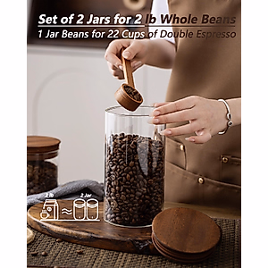 BOILMERIT 37 oz Coffee Canister with Scoop and Wooden Lids, Airtight Coffee Storage Container Sets of 2 for Ground Coffee, Glass Coffee Jars for Coffee Beans, Coffee Bar Organizer, Kitchen Countertop