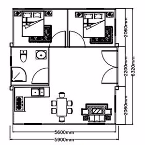 Large Portable House With Windows and Doors, L19ft x W20ft Prefabricated Home With Steel Frame: 2 Bedrooms, 1 Kitchen With Cabinets and Wash Basin, 1 Fully Equipped Washroom, Living Room, Unfurnished.