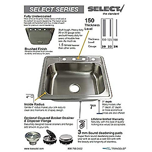 Transolid STSB25226-1 Select 1-Hole Drop-in Single Bowl Gauge Stainless Steel Kitchen Sink, 25-in x 22-in x 6-in, Brushed Finish