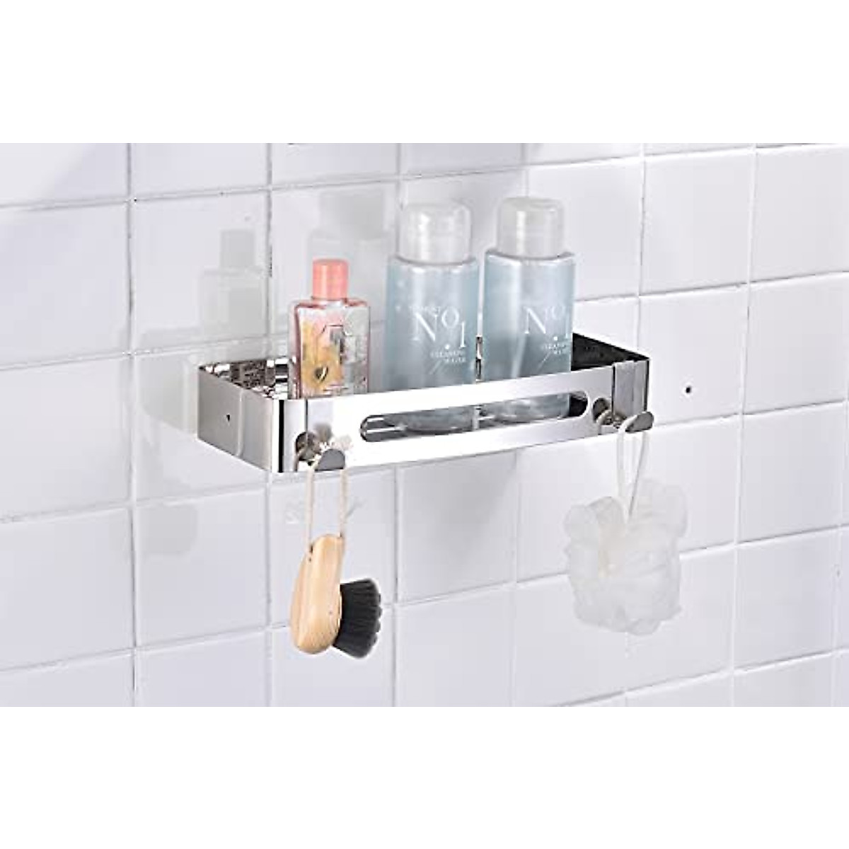 Shower Caddy Bathroom Shelf with Hooks, Rustproof 304 Stainless Steel Shampoo Organizer with Adhesive, No Drilling, Wall Mounted for Inside Shower and Kitchen