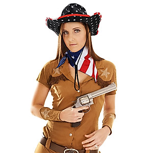 Jeere 3 Pcs American Flag Cowboy Hat with Bandana and Glasses Vintage Outdoor USA Hats with Strap Western Party Memorial Day(USA Flag)