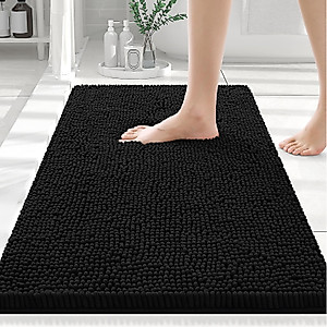 Smiry Luxury Chenille Bath Rug, Extra Soft and Absorbent Shaggy Bathroom Mat Rugs, Machine Washable, Non-Slip Plush Carpet Runner for Tub, Shower, and Bath Room(16''x24'', Black)