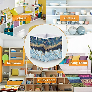 linqin Marble Blue Gold Collapsible Open Storage Bins, Foldable Toy Nursery Storage Basket Bin Cloth Cube Rectangular Organizer with Handles for Shelves Closet Home Decor
