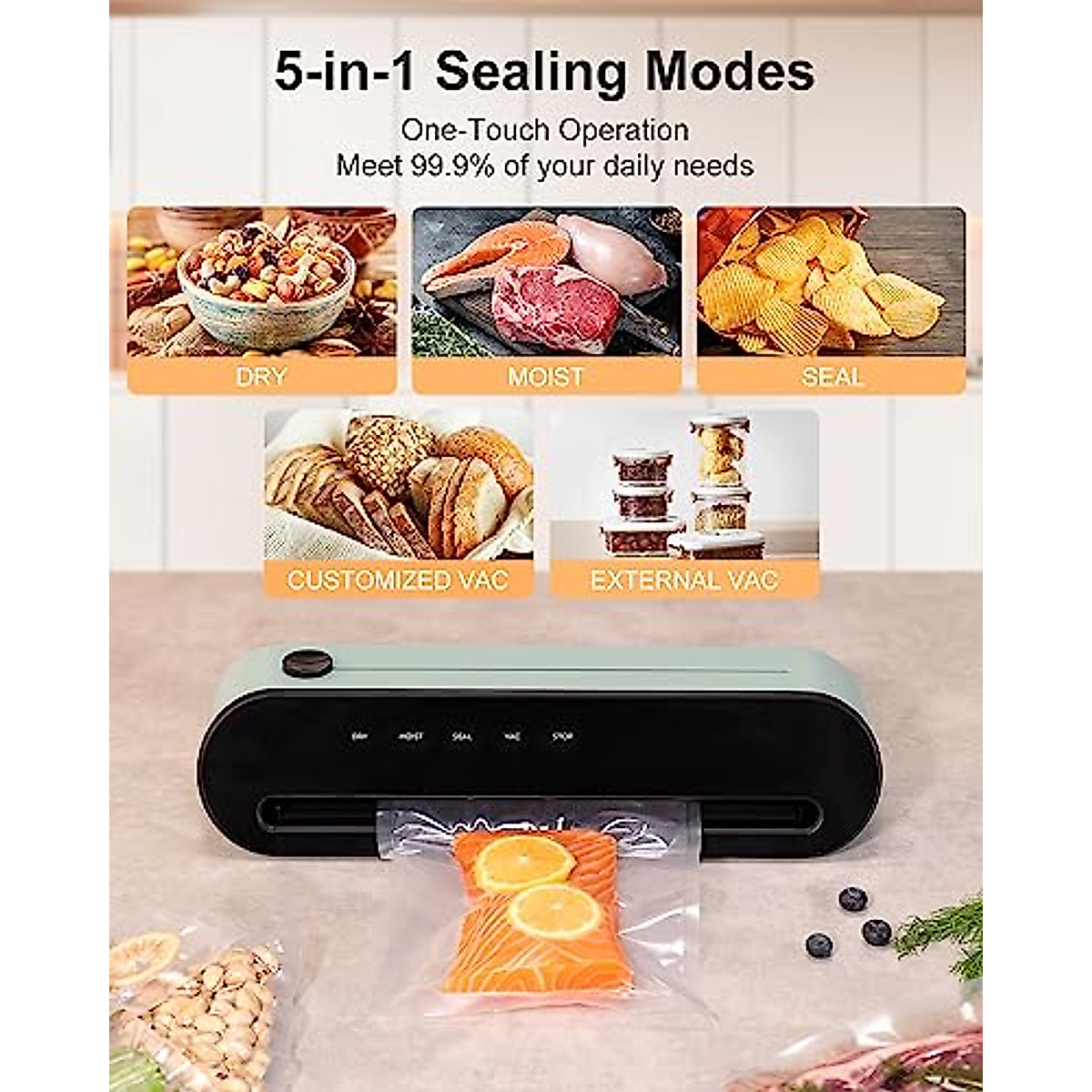 CROWNFUL Automatic Vacuum Sealer Machine, Dry & Moist Food Sealer with Built-in External Suction Tube & Cutter, Removable Drip Tray, 5 in 1 LED Touch Screen Air Sealer Machine with Vacuum Seal Bags/Roll (ETL Certified)