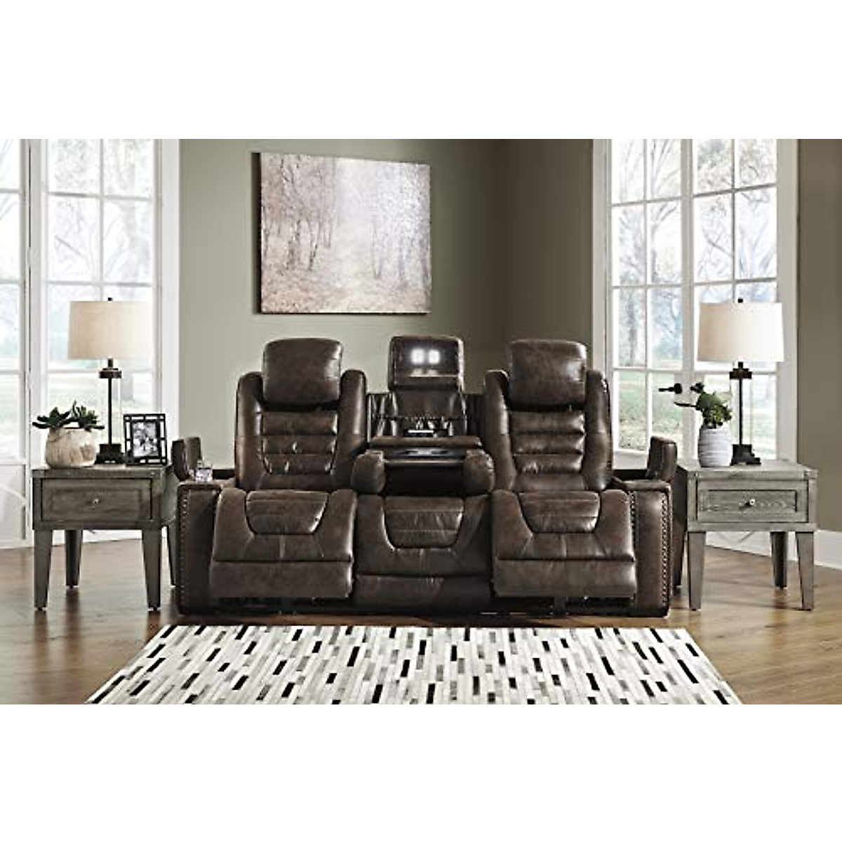 Signature Design by Ashley Game Zone Faux Leather Adjustable Power Reclining Sofa with Cup Holders and Storage, Brown