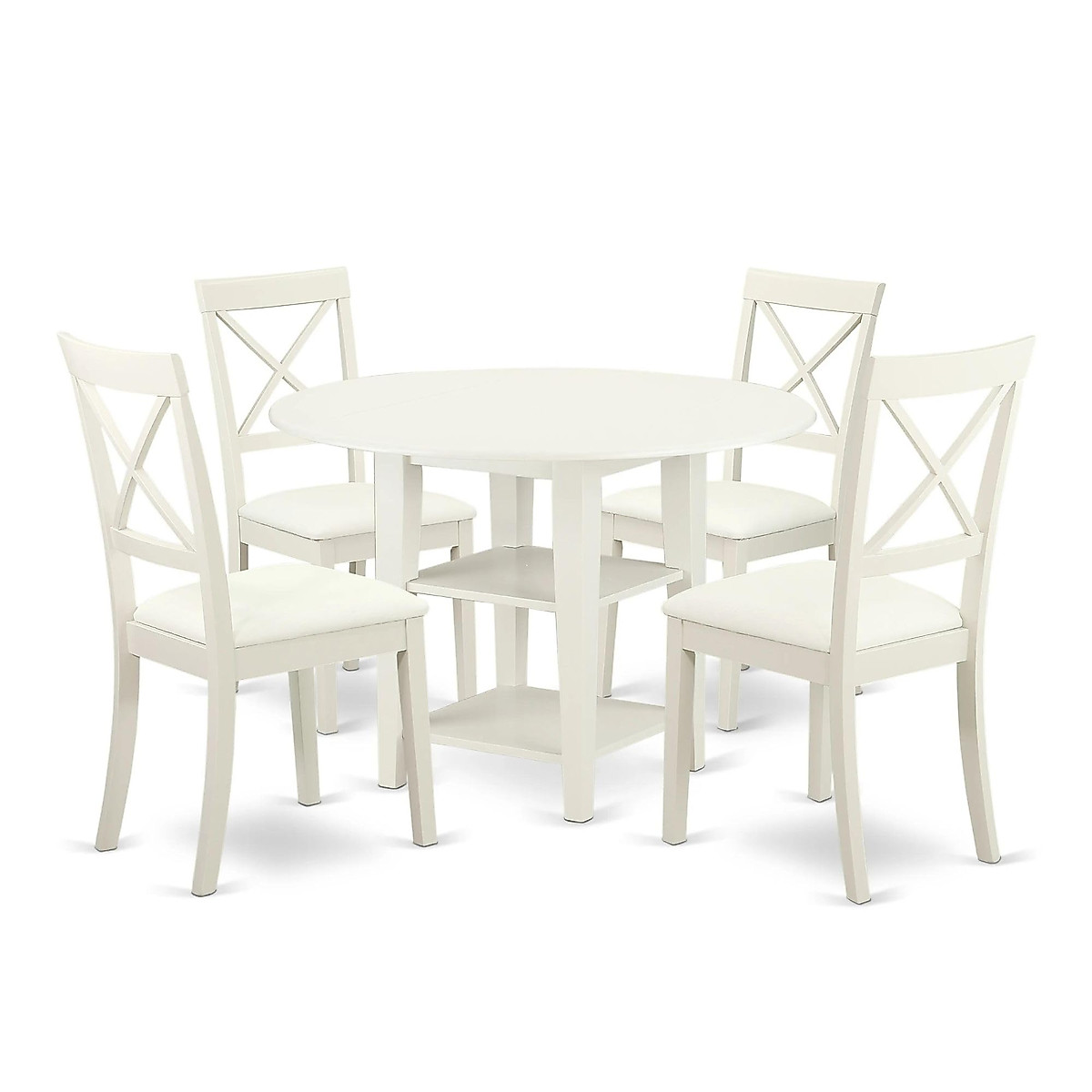 East West Furniture SUBO5-LWH-LC 5 Piece Dining Set Includes a Round Dining Table with Dropleaf & Shelves and 4 Faux Leather Kitchen Room Chairs, 42x42 Inch, Linen White