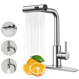 FORIOUS Kitchen Faucet with Pull Down Sprayer, Brushed Nickel Kitchen Faucets Stainless Steel, Waterfall Kitchen Sink Faucet 3 in 1 Function, Modern Faucet for Kitchen Sink, Bar, Laundry, Rv