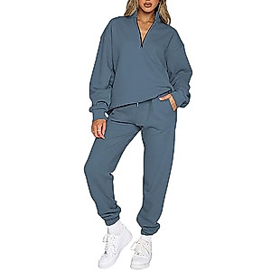 Aleumdr Womens Oversized Half Zip Pullover Long Sleeve Sweatshirt Jogger Pants Lounge Sets 2 Piece Sweatsuit with Pockets Blue-Grey Large