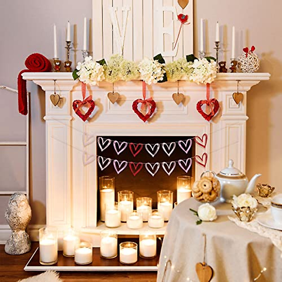 Whaline Valentine's Day Felt Banner with String Pink Red White Hollow Heart Banner Pre-Assembled Sweet Banner Fireplace Wall Hanging for Party Wedding Anniversary Home Decoration