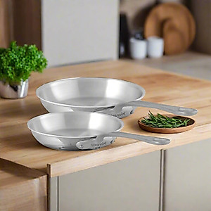 Mauviel M'Cook SB 5-Ply Polished Stainless Steel 2-Piece Frying Pan Set With Brushed Cast Stainless Steel Handles, Made In France