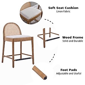 HEAH-YO Modern Counter Stools Set of 2, 26 Inches Counter Height Bar Stools with Rattan Backrests and Wood Frame, Comfy Kitchen Stools for Island, Beige